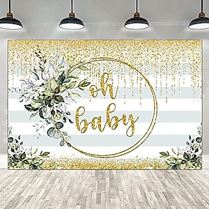 Lofaris Oh Baby Backdrop Baby Shower Green Leaves Gold Ring Golden Glitter Stripes Photography Background for Boy Girl Baby Shower Gender Neutral Newborn Party Decoration Banner Photo Booth Prop 9x6ft