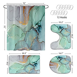 Gibelle 4 Pcs Bathroom Shower Curtain Set with Non-Slip Rugs, Toilet Lid Cover and Bath Mat, Sage Green Diamond Shaped Shower Curtain Hooks Set of 12