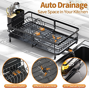 Urackify Expandable Dish Drying Rack for Kitchen Counter, Large Extendable Dish Rack with Bamboo Cover Cutlery Holder, Multifunctional Adjustable Dish Dryer Drainer with 270° Swivel Spout