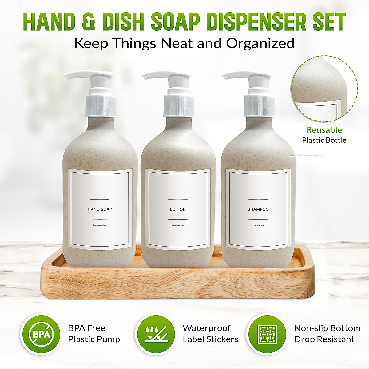 Quintessential Soap Dispenser Set of 3 with Pump Nozzles, Wheat Straw Bottles 500 ml Dispenser, Refillable Liquid Dispensers for Bathroom Countertop & Dish wash Soaps with 14 Organizing Labels