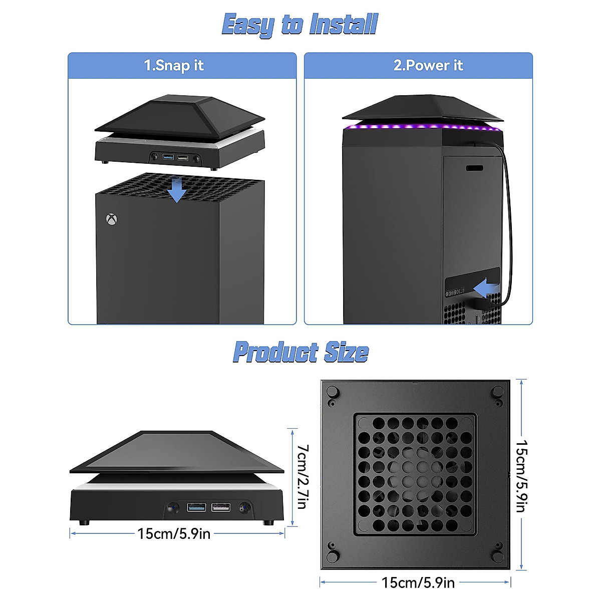 Wiilkac Cooling Fan for Xbox Series X with RGB Light Strip, 3 Levels Adjustable Speed Cooler Fan System 1800/2000/2200 RPM, Low Noise Top Fan with Extra 2 USB Port & Touch Switch