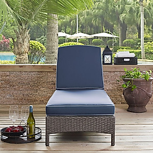 Crosley Furniture Palm Harbor Reclining Wicker Outdoor Chaise Lounge Chair for Patio, Deck, Poolside, Gray with Navy Cushions