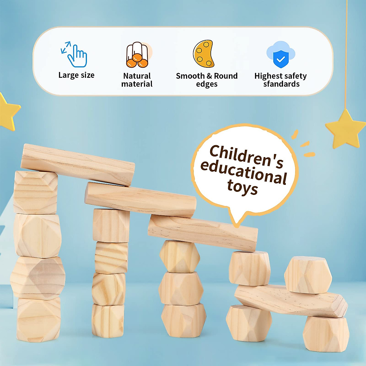FOPNETS Wooden Sorting Stacking Balancing Stones 20 PCS Natural Wood Rock Set Educational Preschool Learning Toys Large Small Building Blocks Game Stones Lightweight Set for Kids 3 Years Old