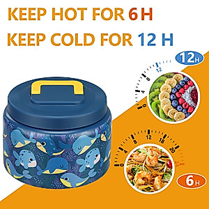 PIQUEBAR 8oz Kids Thermo for Hot Food,Small Lunch Thermos Food Container Stainless Steel,Easy Open Wide Mouth Thermo for Hot Cold Food for Preschool Travel (Blue Whale)