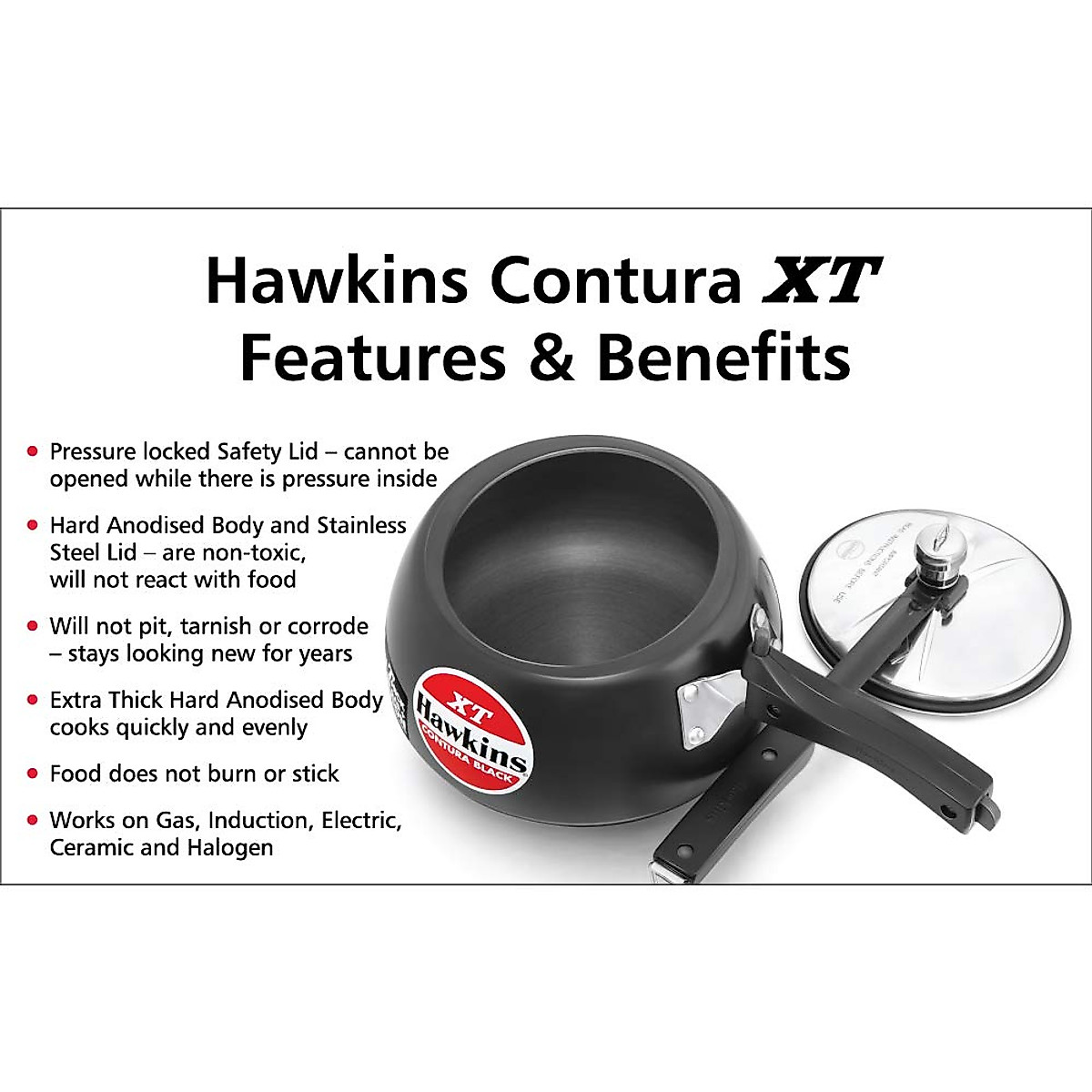 Hawkins CXT30 Contura Hard Anodized Induction Compatible Extra Thick Base Pressure Cooker, Black, 3L, 3 L