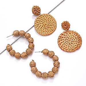 Rattan Earrings Boho Rattan Ball Hoop Earrings for Women Handmade Summer Beach Raffia Dangle Earring Set Statement Straw Wicker Earrings Gifts (4Pairs Rattan Set)