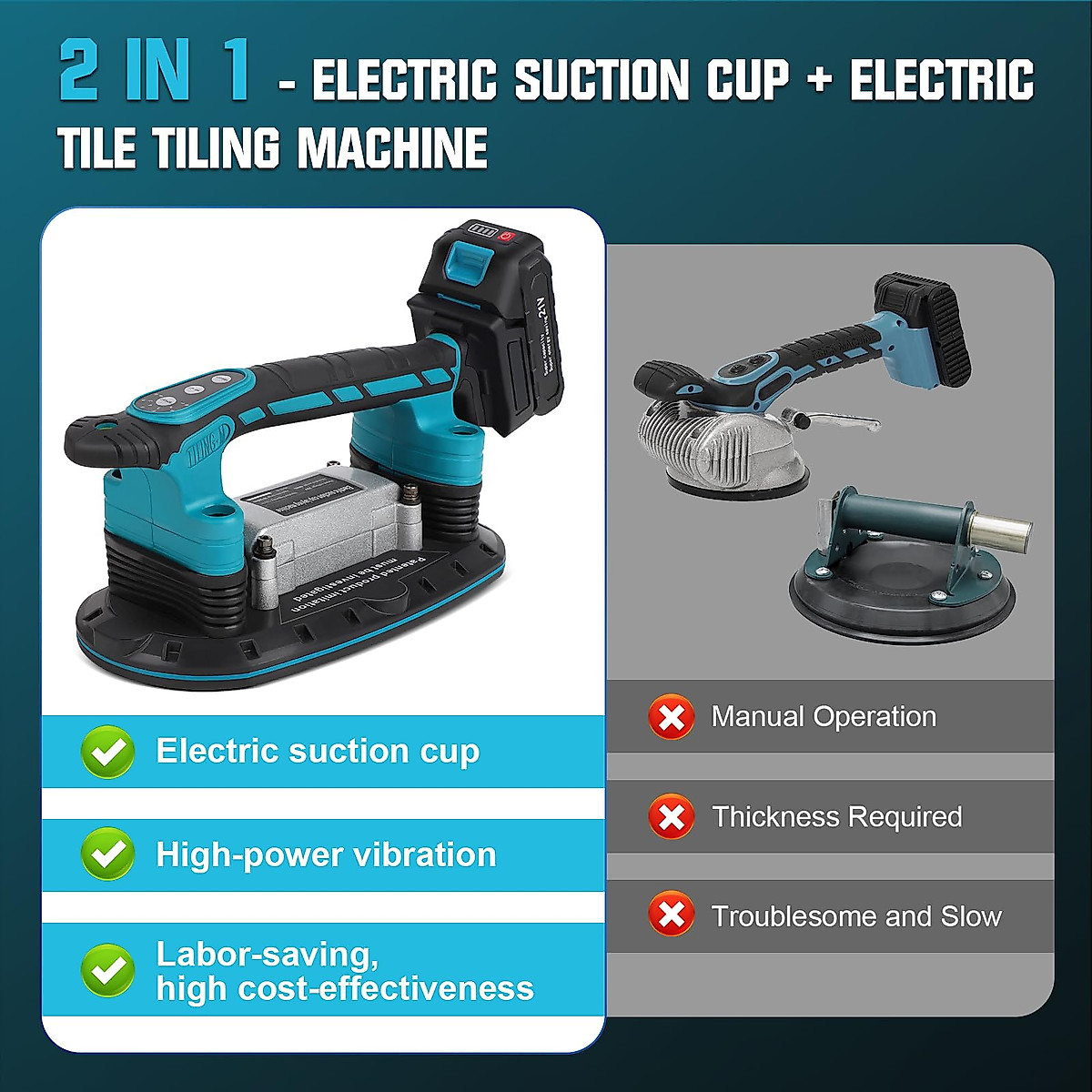 Tile Vibration Machine Installation Tool, Handheld Automatic Tiling Vibrator with Enlarged Suction Cup for Tiling Leveling Laying 21V 12500mAh 24000r/min 6 Speeds Adjustable
