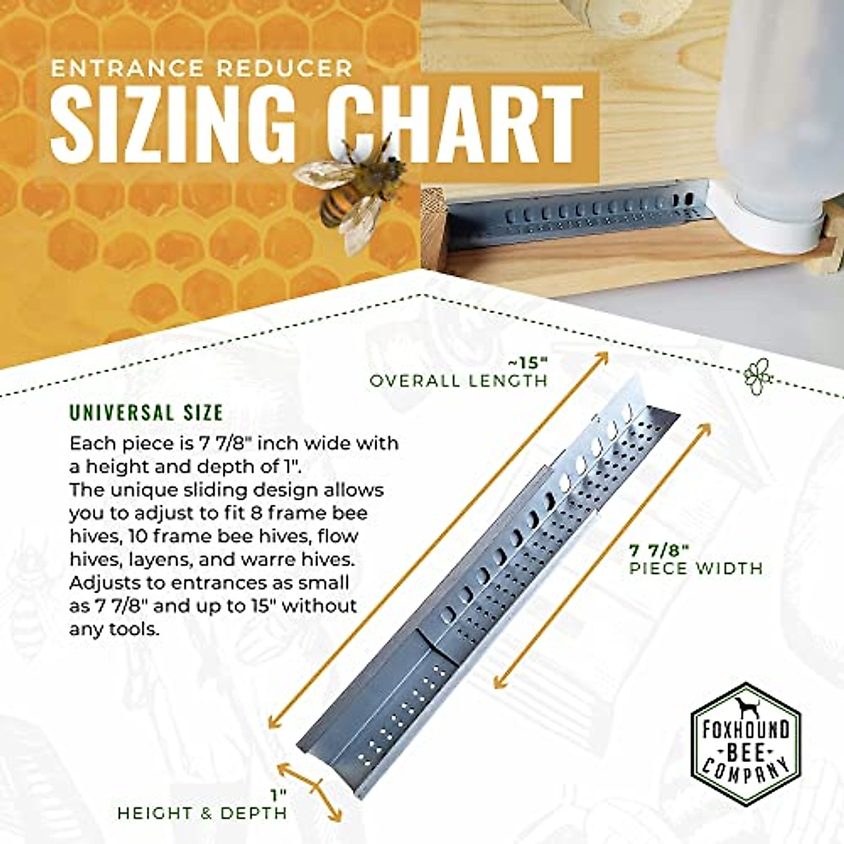 Entrance Reducer and Mouse Guard for 8 or 10 Frame Bee Hive, Used for Beekeeping with No-Rust, Universal Stainless Steel Metal Design for Winter and Year Around, 4-Pack
