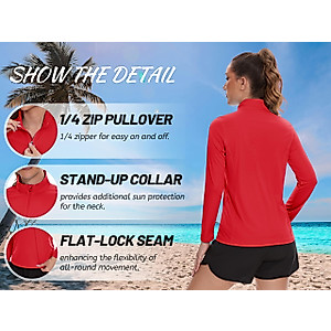 TACVASEN Women's Athletic Shirts Red Quarter Zip Pullover Womens UV Protection Shirts Rash Guard for Women Quick Dry, L