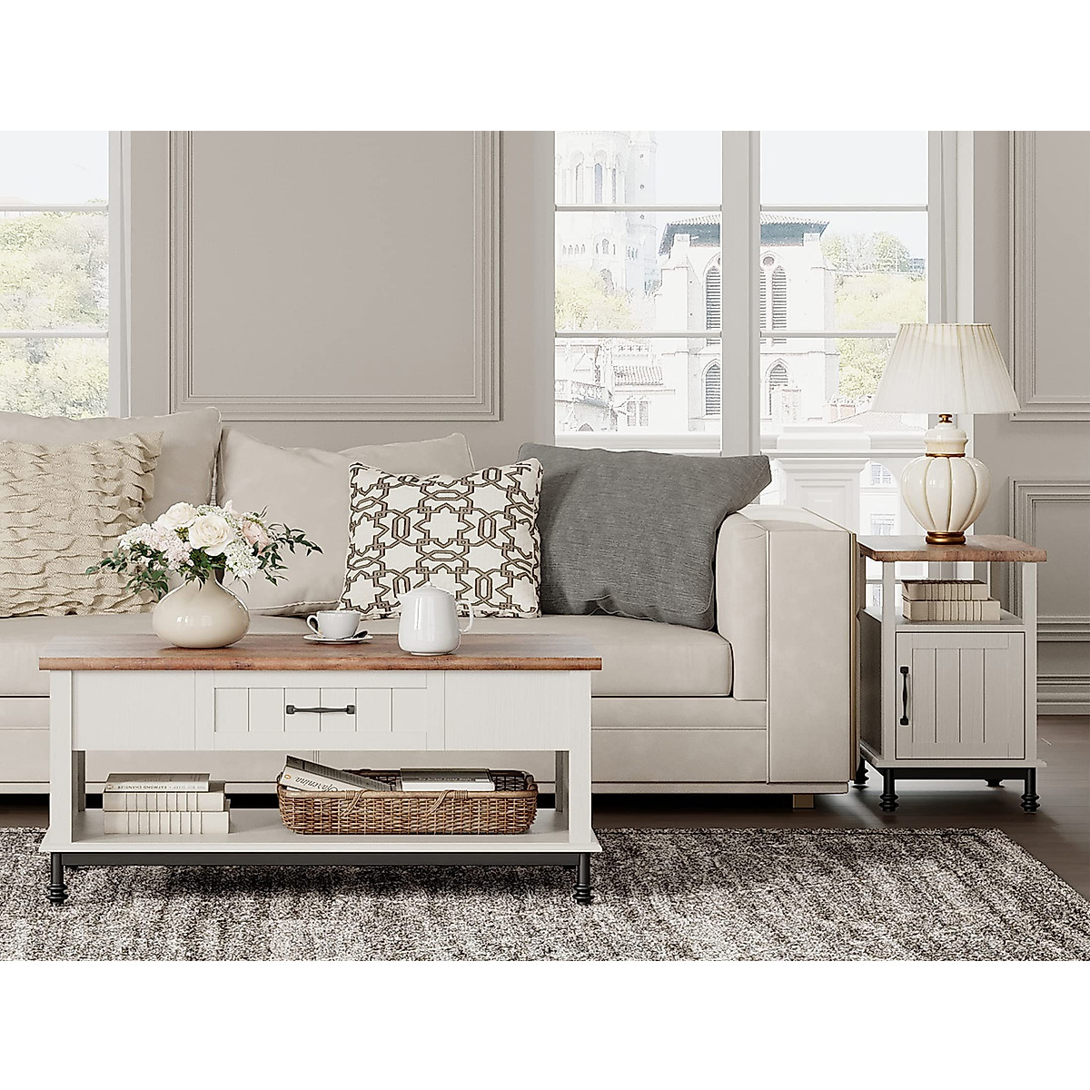 WAMPAT Premium Farmhouse Coffee Table Set of 2 for Living Room, 1 Large Rectangle Center Table with Storage Drawers, 1 End Side Table with Charging Station for Living Room, White/Oak