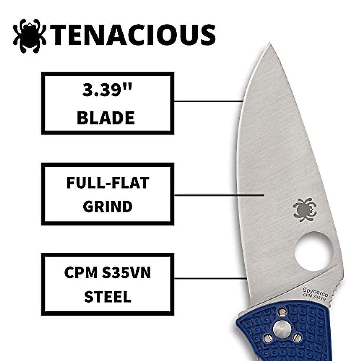 Spyderco Tenacious Lightweight Folding Utility Pocket Knife with 3.39" CPM S35VN Steel Blade and Blue FRN Handle - Everyday Carry - PlainEdge - C122PBL