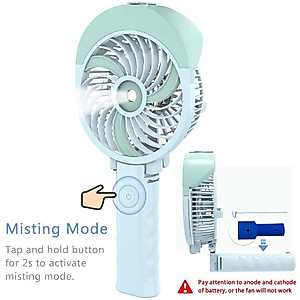 HandFan Personal Misting Fan, 55ml Large Water Tank, Poratable Handheld Rechargeable Mister Fan, Battery Operated Mist Fan, 180°Foldable, 3 Speeds, for Travel, Beach, Outdoors(Green)