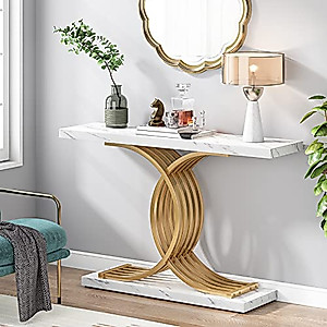 Tribesigns Gold Entryway Table, Modern 39-Inch Console/Accent Table with Geometric Metal Legs, Faux Marble Narrow Wood Sofa,Foyer Table for Entrance, Living Room (Gold & White)