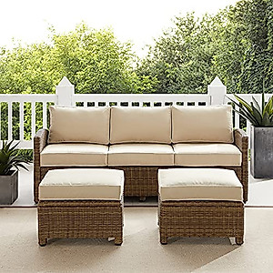 Crosley Furniture Bradenton 3-Piece Outdoor Sofa Patio Furniture Set, Wicker Conversation Sets for Porch, Brown with Sand Cushions