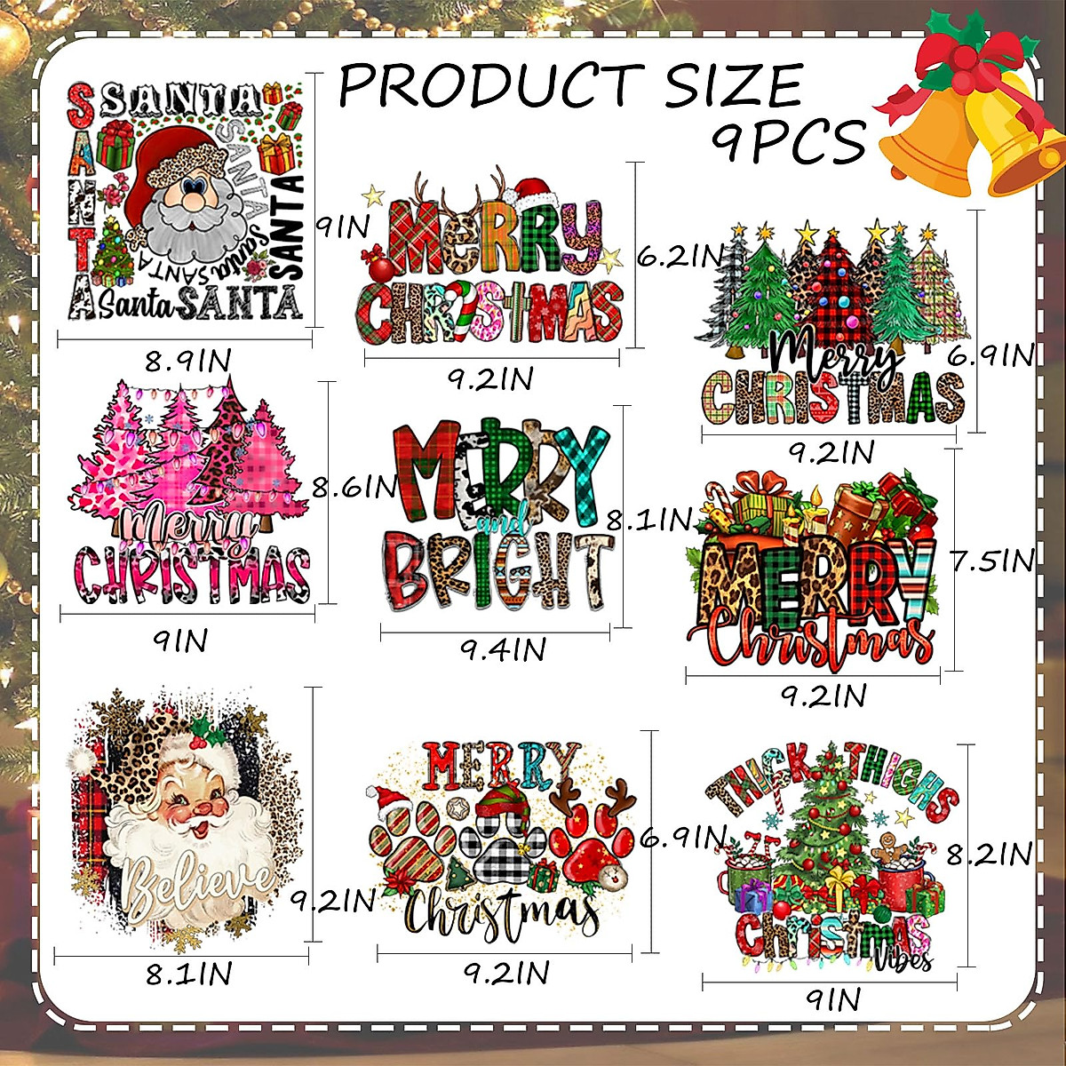 EOGOW Christmas Iron on Transfers, 9PCS Iron on Decals for T Shirts Iron on Transfers Dtf Transfers Ready to Press Heat Transfer Designs Screen Print Transfers Ready to Press Iron on Shirt Decals