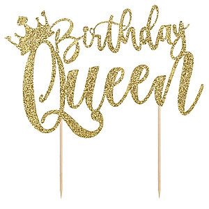 YUINYO Handmade Glitter Queen Birthday Cake Topper, Happy Birthday Cake Bunting Decor, Birthday Party Decoration Supplies (Gold)