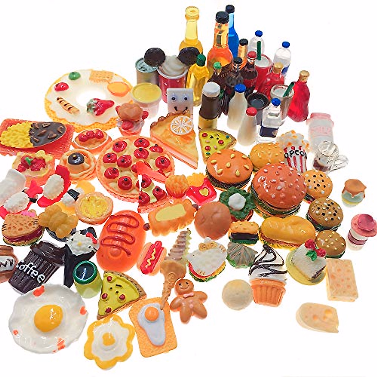 SIX VANKA Miniature Food Drinks Toys 110pcs Mixed Resin Pizza Hamburgers French Fries Wine Decoration Tableware Doll house for Adults Childrens Pretend Play Kitchen Cooking Game Birthday Party Present