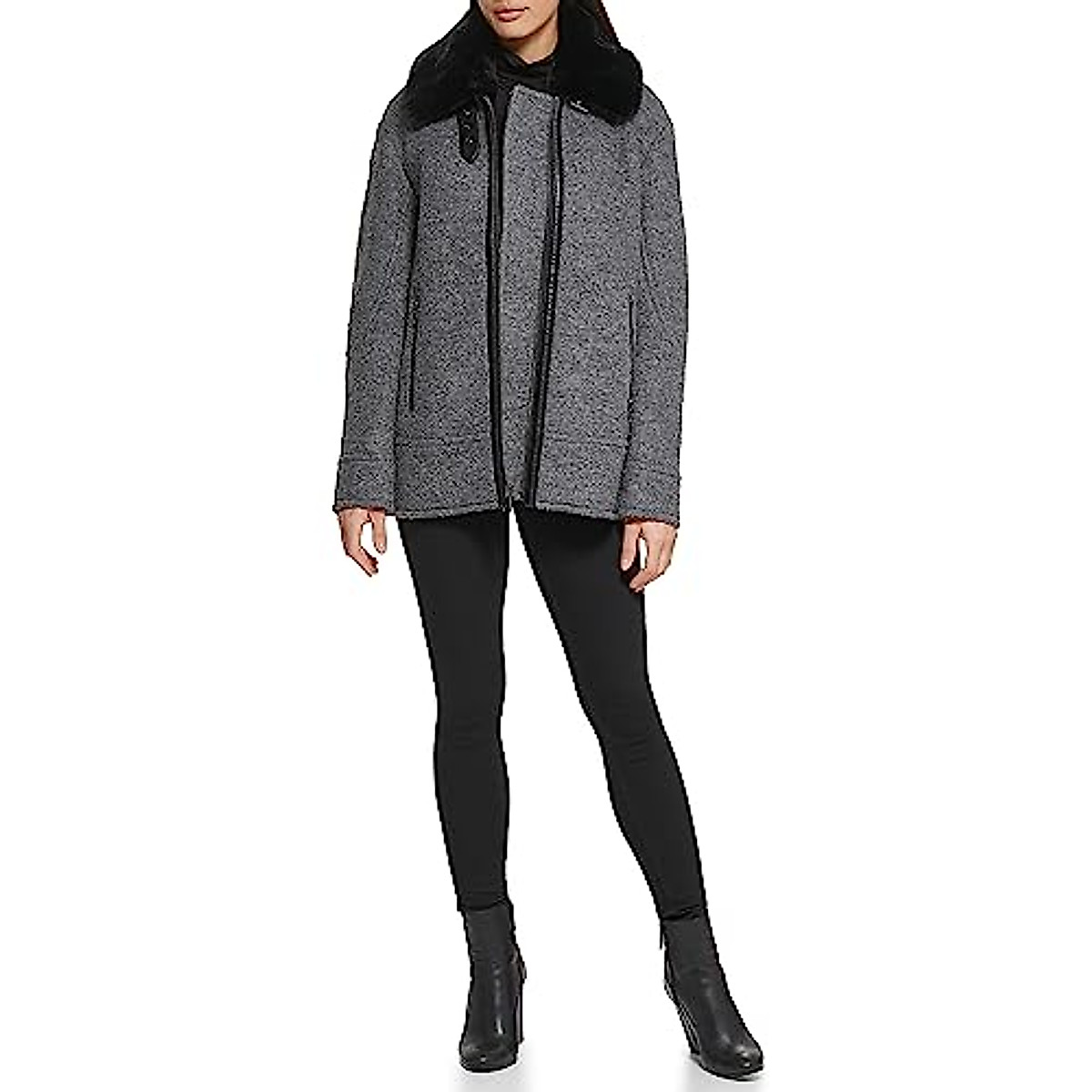 Kenneth Cole Women's Faux Trim Jacket, Fur Collar Charcoal, X-Small