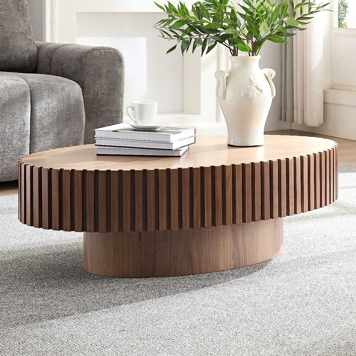 KEVINSPACE Coffee Table Oval 43.7" Wood Coffee Table for Living Room Farmhouse Coffee Table Mid-Century Coffee Table Modern Sofa Side Table Home Furniture Small Space Office Apartment Walnut