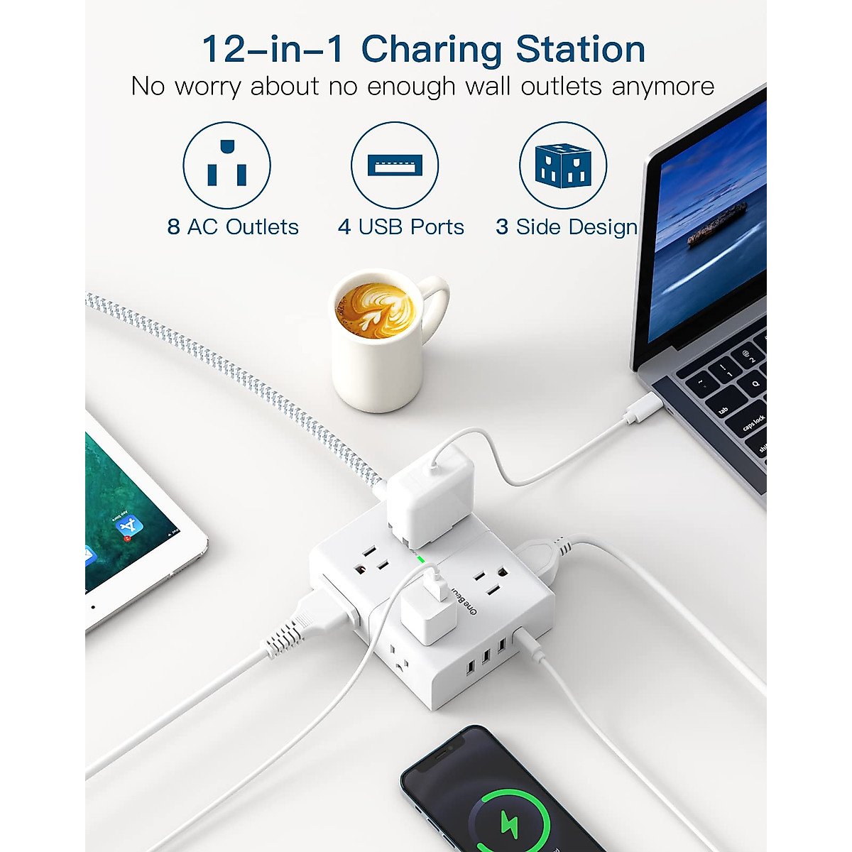Power Strip Surge Protector with USB, 8 Widely Outlets 4 USB Ports 6Ft Extension Cord Flat Plug, 3 Sided Wall Outlet Extender Desktop Charging Station for Home Office Travel Dorm, 1080J