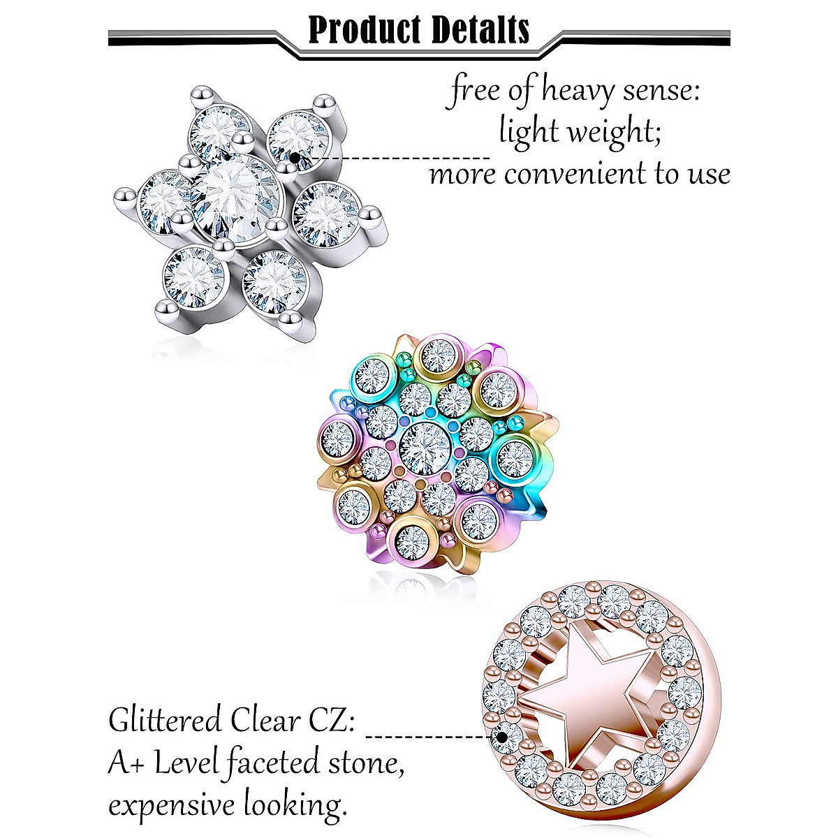 Uqnwbdq Titanium Dermal Piercing Jewelry Dermal Top Dermal Anchor Dermal Jewelry kit Dermal Base Jewelry 316L Surgical Stainless Steel Cubic Zirconia Gem Diamond Dermal Piercing Jewelry for Women Men