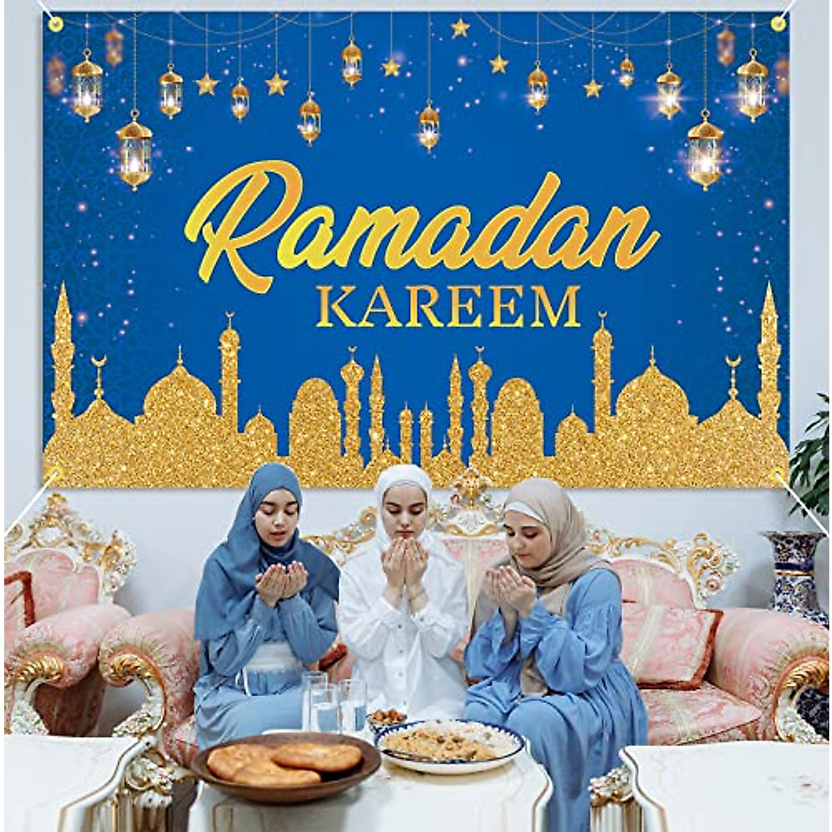 JOZON Ramadan Kareem Backdrop Banner 71 x 45 Inch Large Size Ramadan Mubarak Blue Gold Background Banner Islamic Eid Mubarak Festival Party Decorations Supplies Muslim Ramadan Photo Booth Props