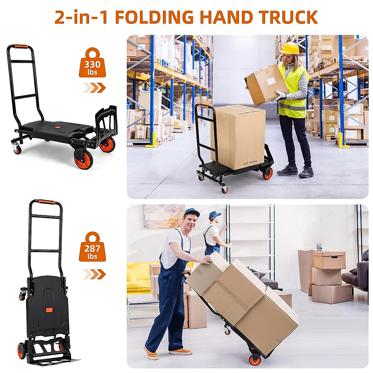 Folding Hand Truck, 330 Lbs Capacity Heavy Duty Dolly Cart, 2 in 1 Convertible Hand Cart with 4 Wheels and 2 Elastic Ropes, Collapsible Platform Cart for Moving, Luggage, Travel, Shopping, Warehouse