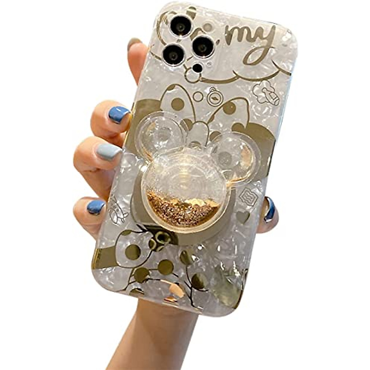 DEAVON Cute Case for iPhone 13 Pro Max,Cute Golden Minnie Sparkle Bling Cover with Quicksand Cell Phone Holder,Kickstand Soft TPU Shockproof Protective for Women Girls