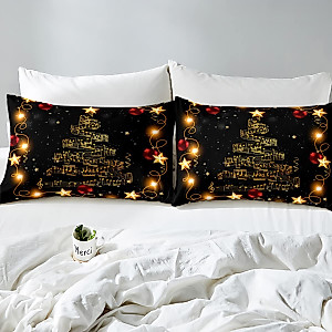 Manfei Christmas Tree Duvet Cover Set King Size, Gold Musical Note Print Bedding Set 3pcs for Kids Boys Girls Bedroom Decor, New Year Theme Xmas Holidays Comforter Cover with 2 Pillowcases