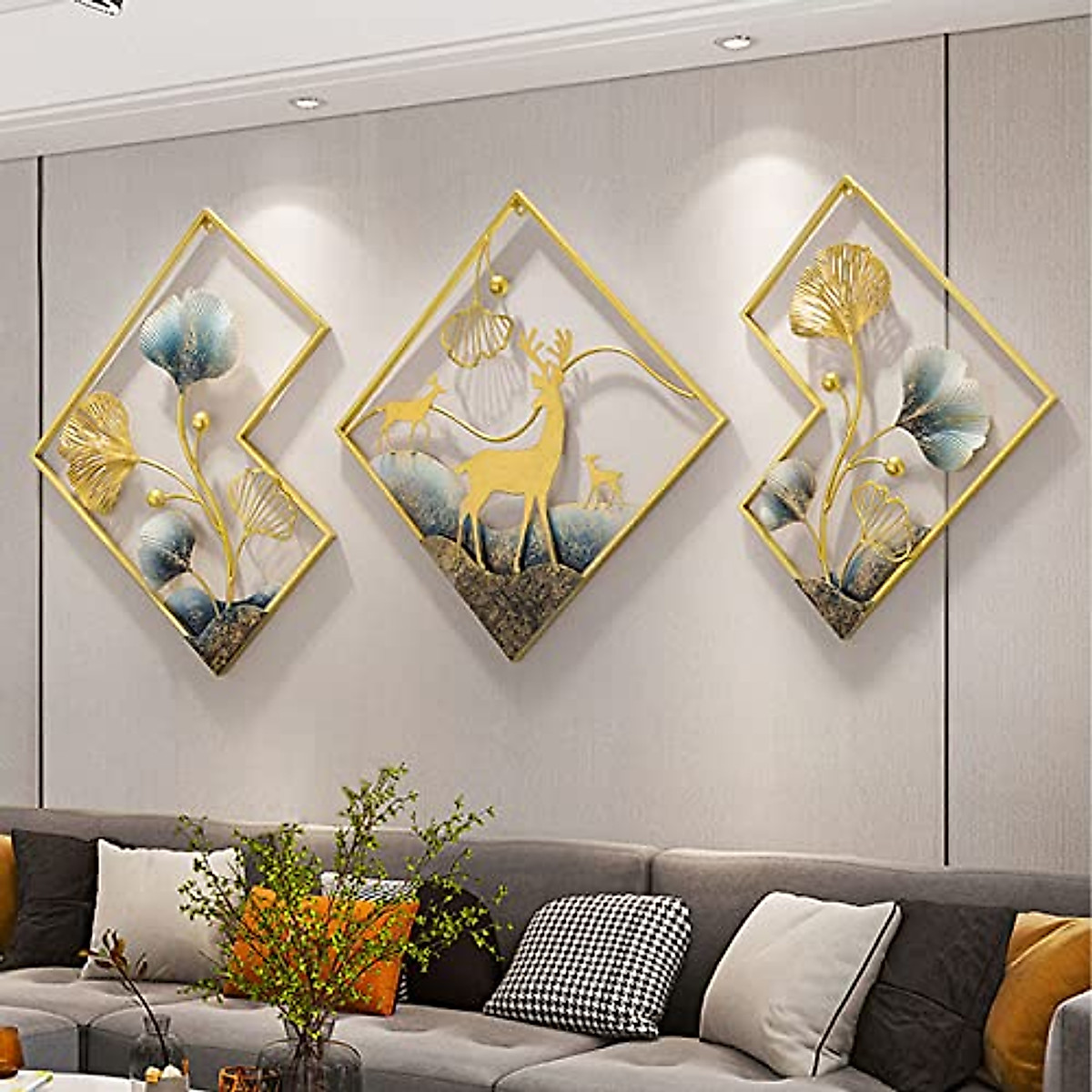 tarkay Wall Decor Living Room Deer Metal Wall Art Gold 3 Piece Metal Wall Decor 3d Ginkgo Leaf 78x27in Large Aesthetic Wall Art for bedroom Office Dining Room