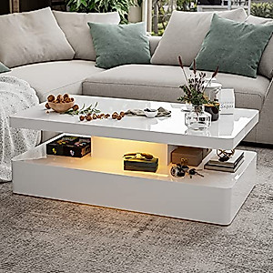 IKIFLY Modern High Glossy White Coffee Table with 16 Colors LED Lights, Contemporary Rectangle Design Living Room Furniture, 2 Tiers