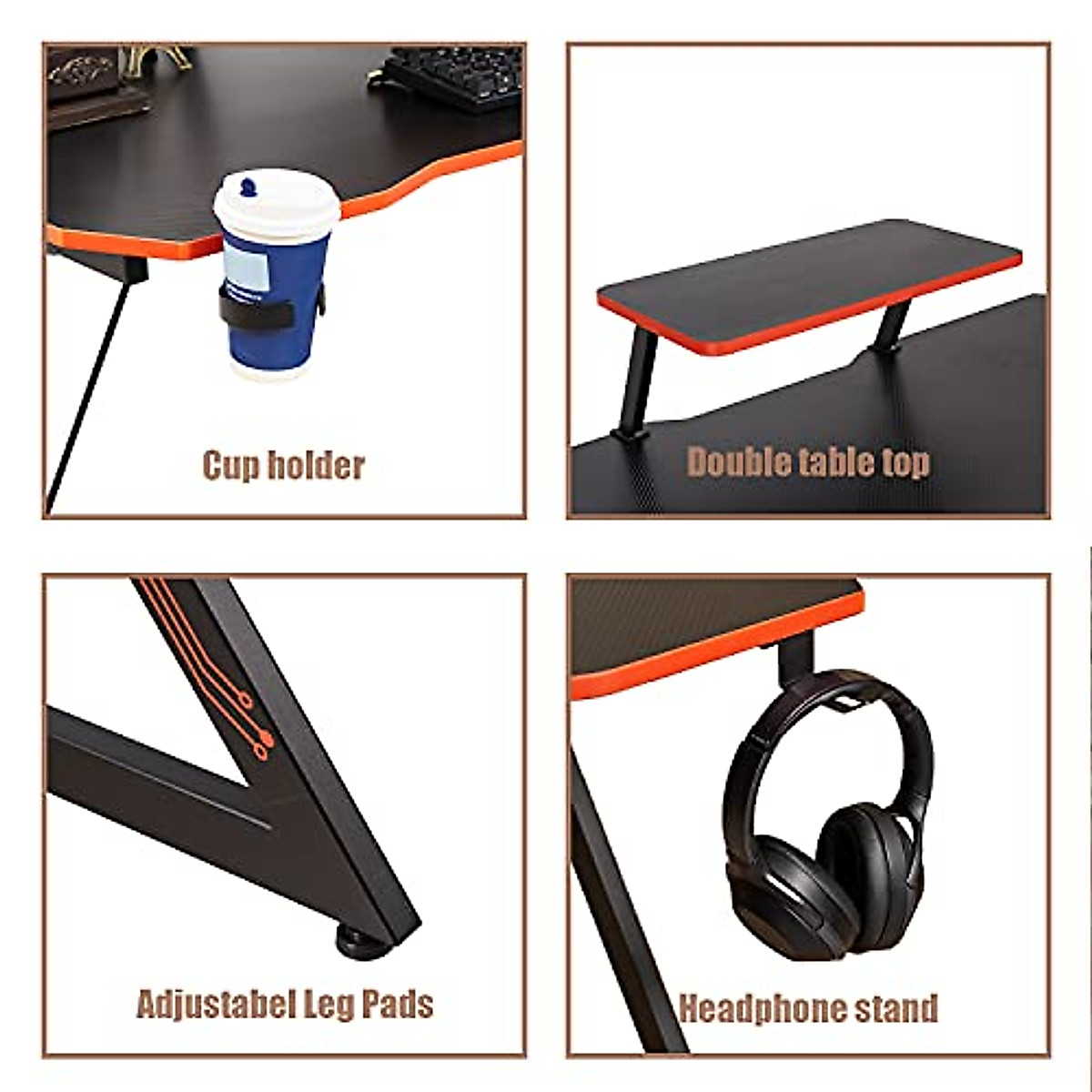 Excited Work Gaming Desk 55 inch PC Computer Desk, Home Office Desk Gaming Table Z Shaped Gamer Workstation with Cup Holder and Headphone Hook LLGD02C