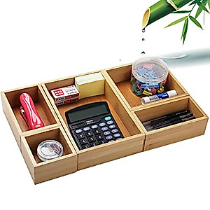 Pipishell 5-Piece Bamboo Drawer Organizer Set, Multi-use Storage Box Set, Varied Sizes Junk Drawer Organizer for Office, Home, Kitchen, Bedroom, Bathroom