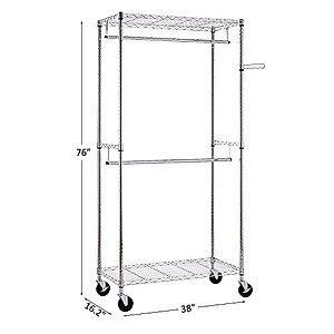 COOBL 2-Tier Heavy Duty Rolling Garment Rack,Wire Shelving Clothes Rack for Clothing,Storage with Double Rods,Lockable Wheels (Silver)