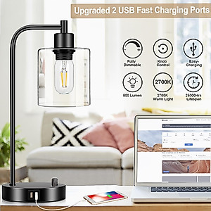 Industrial Table Lamp with 2 USB Charging Ports, Fully Stepless Dimmable Modern Nightstand Lamp, Glass Shade Bedside Desk Lamp for Bedroom Living Room Office, 6W 2700K LED Edison Bulb Included