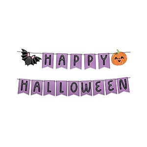 HOUSE OF PARTY Happy Halloween Banner - Happy Halloween Sign - Happy Birthday Halloween Banner - Indoor Halloween Party Decoration with Bat and Pumpkin - Perfect for Mantle, Halloween Party Decor!