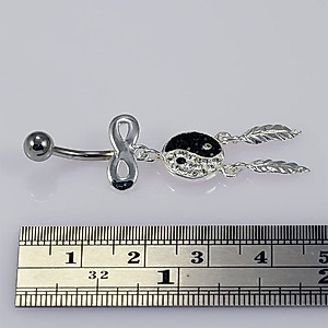 Black Multi Crystal Gemstone Stylish Infinity with Yin Yang and Dream Catcher Dangling 925 Sterling Silver Belly Ring Body Jewelry
