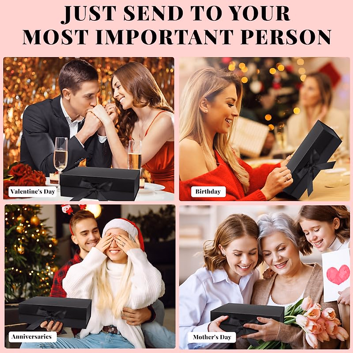 Large Gift Box with Lids for Presents 10.5x7.5x3.1 In Gift Box with Ribbon,Card and Magnetic Lid for Christmas Valentine's Day, Birthdays Gift Wrap Black