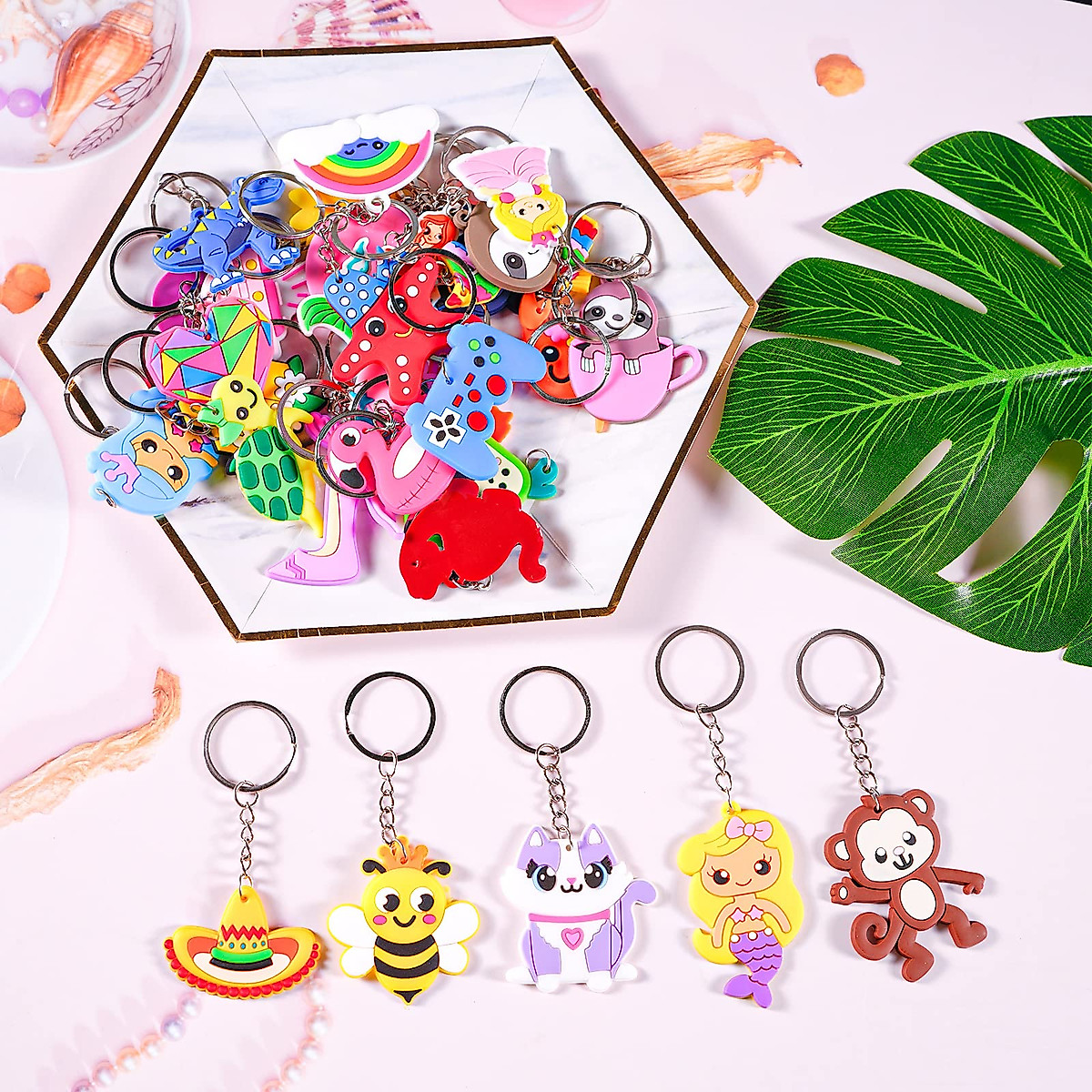 Lecinc 70Pcs Video Game Party Favors Video Game Keychains for Kids Birthday School Party Dinosaur Donut Marine Animal Mermaid Rainbow Bulk Keychains for Birthday Party Supplies
