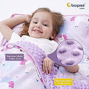 BORPRES Toddler Nap Mat-Nap Mats for Preschool Daycare Boys Girls,Kids Sleeping Mat with Removable Pillow and Blanket,Extra Thick Large Slumber Bag for Travel Camping,Unicorn.