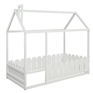 Harper & Bright Designs Kids House Beds, Twin Floor Bed with Fence Wood Cabin Bed Frame Can be Decorated for Kids, Teens, Girls, Boys, White