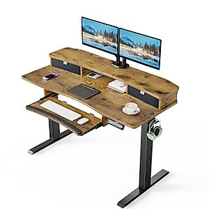 HUANUO 48" x 26" Electric Standing Desk with 2 Drawers & 26.7" Large Keyboard Tray, C-Clamp Mount Compatible, Adjustable Computer Desk for Home Office, Stand Up Desk with 4 Height Presets, Vintage