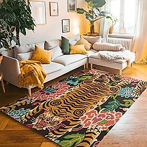 Bohemian Tibetan Tiger and Floral Area Rug Hand Woven Vintage Tiger Area Rug Colorful Moroccan Rug,Tiger Rugs for Color 4X6 ft