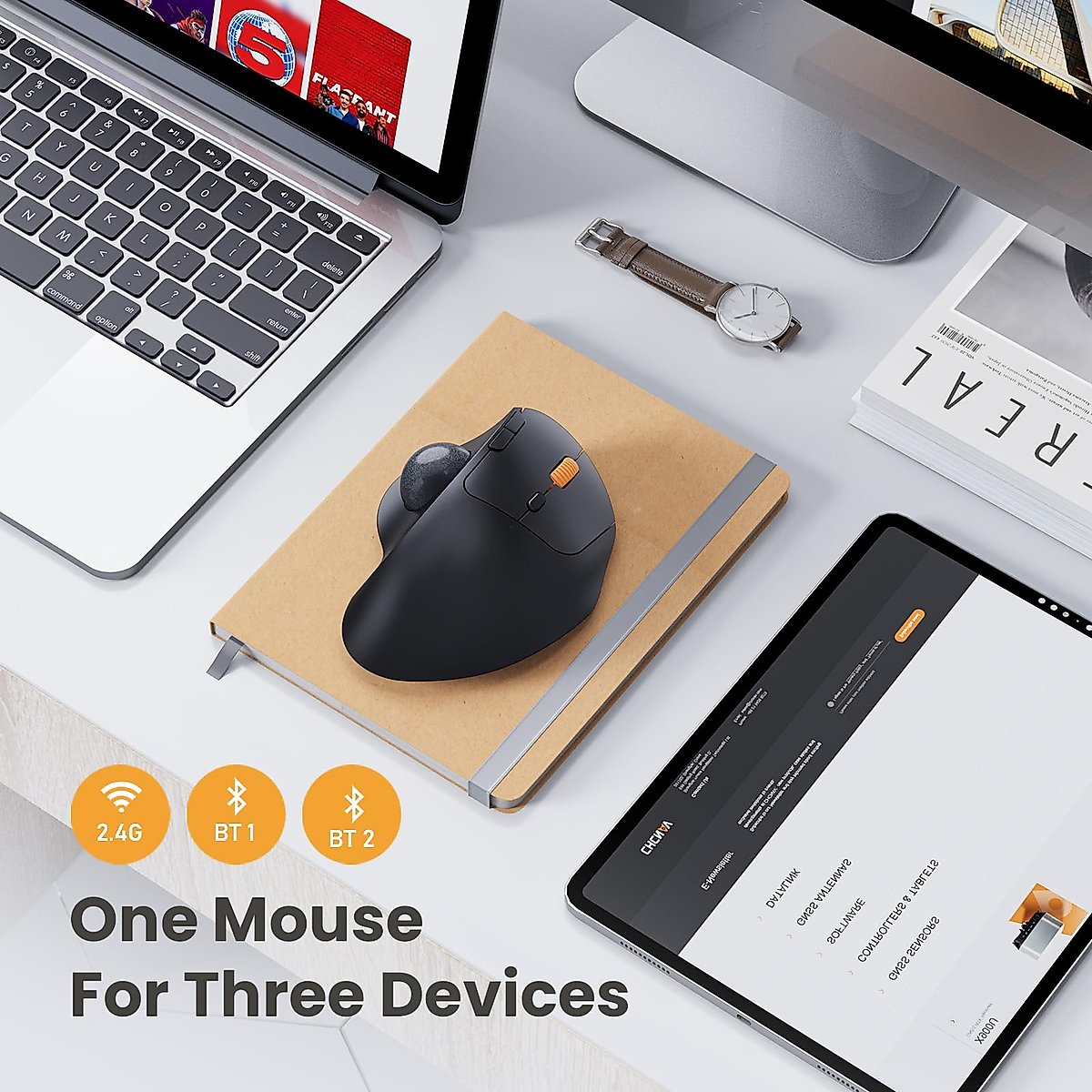 ProtoArc Wireless Trackball Mouse, Bluetooth Mouse Rechargeable Computer Laptop Mouse, 3 Device Connection&, Compatible for PC, iPad, Mac, Windows-Black