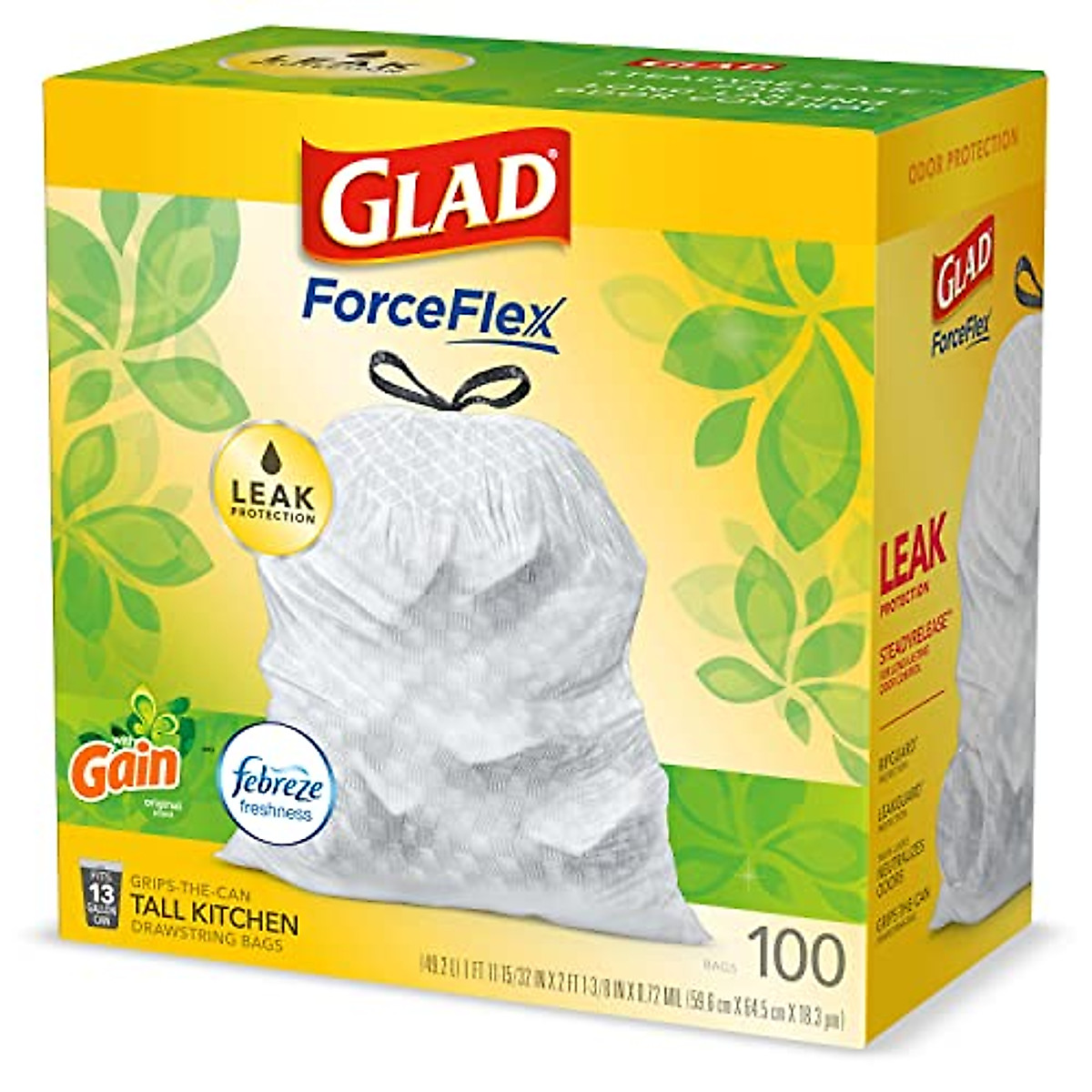 GLAD ForceFlex Tall Drawstring Trash Bags, 13 Gallon White Trash Bags for Tall Kitchen Trash Can, Gain Original Scent to Eliminate Odors, 100 Count - Packaging May Vary