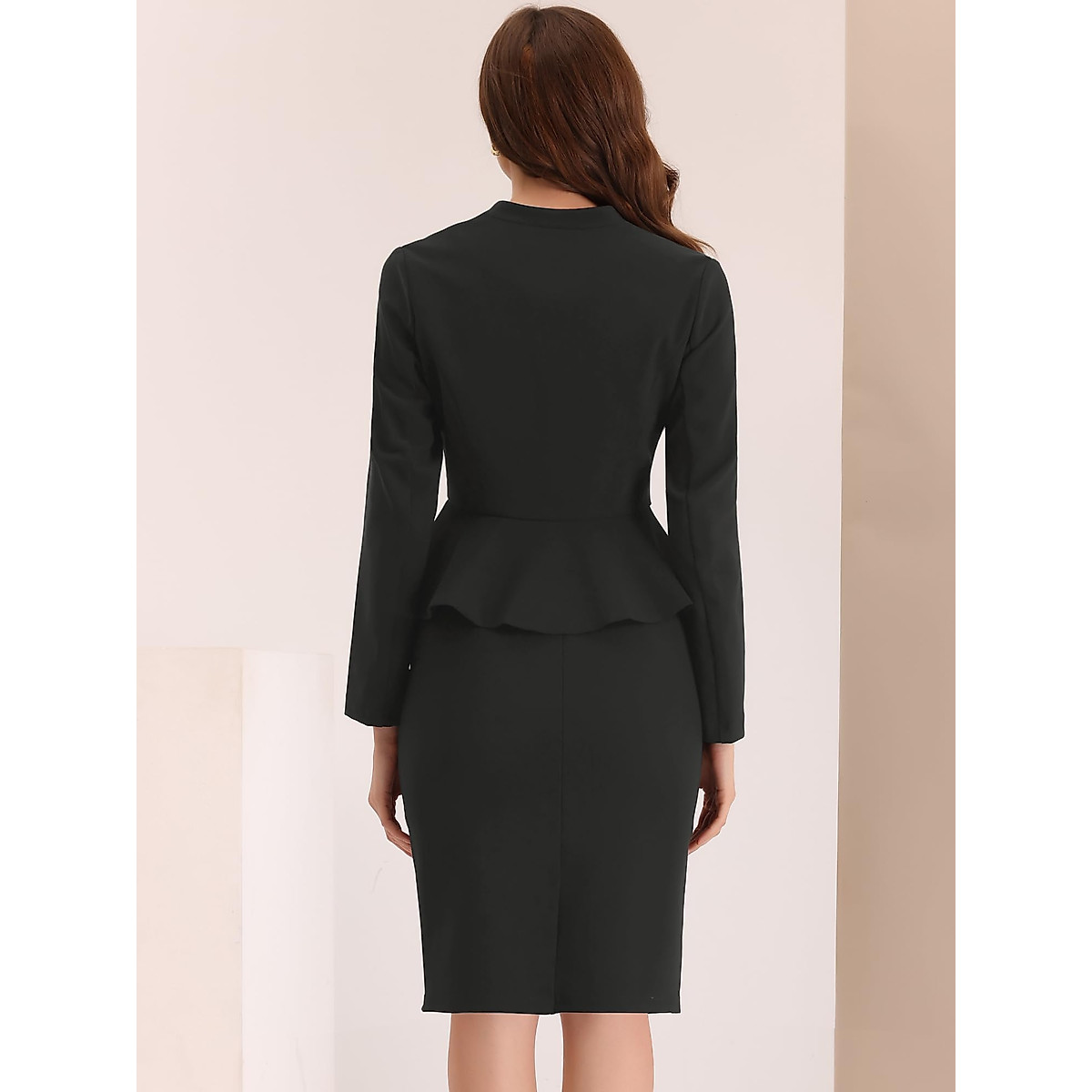 Allegra K Business Suit Sets for Women's 2 Piece Outfits Collarless Peplum Blazer Formal Pencil Skirt Suit Small Black
