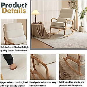 pazezog Rocking Chair,High Back Mid-Century Modern Accent Chair,Nursery Rocking Chair with Wooden Armrest,Upholstered Glider Rocker with Lumbar Pillow for Living Room