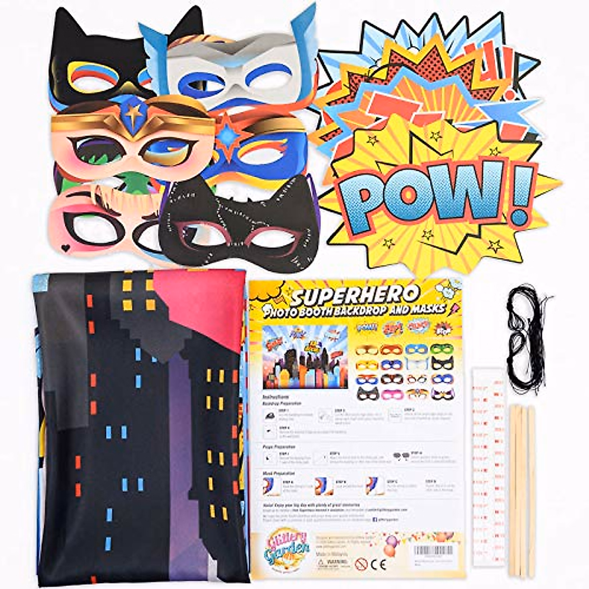 Wonder Woman and Other Superheroes Cityscape Photography Backdrop, Studio Props & Mask. Great as Super Hero City Photo Booth Background – Girl Birthday Party & Event Decorations