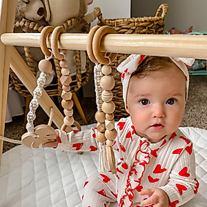 Poppyseed Play Wooden Baby Play Gym, Foldable Frame w/Hanging Bar, Tied Cotton Cord & Wooden Toys, Gender Neutral Baby Activity Set, Easy to Assemble (White Wood, Macrame Toys)