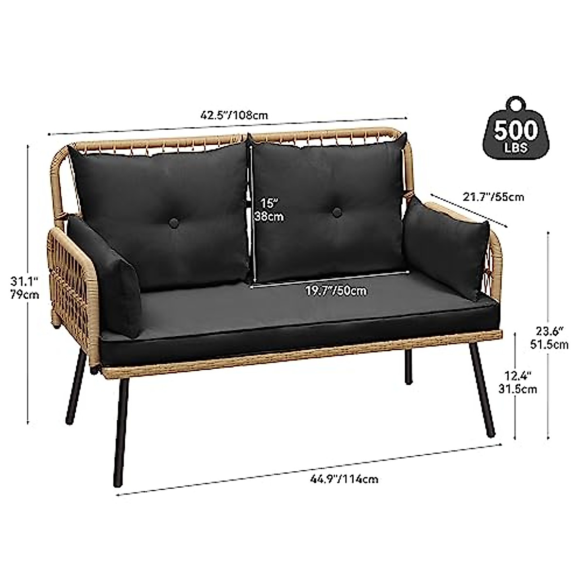 YITAHOME Patio Furniture Wicker Outdoor Loveseat, All-Weather Rattan Conversation for Backyard, Balcony and Deck with Soft Cushions (Light Brown+Black)